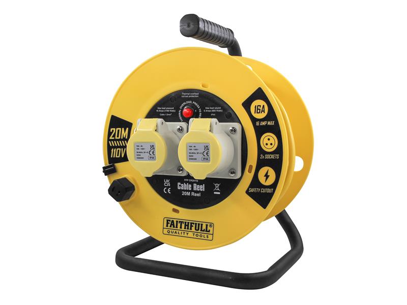 FAI Open Cable Reel 110V 20m 16A 2 Socket (1.5mm Cable) - HiC Stornoway